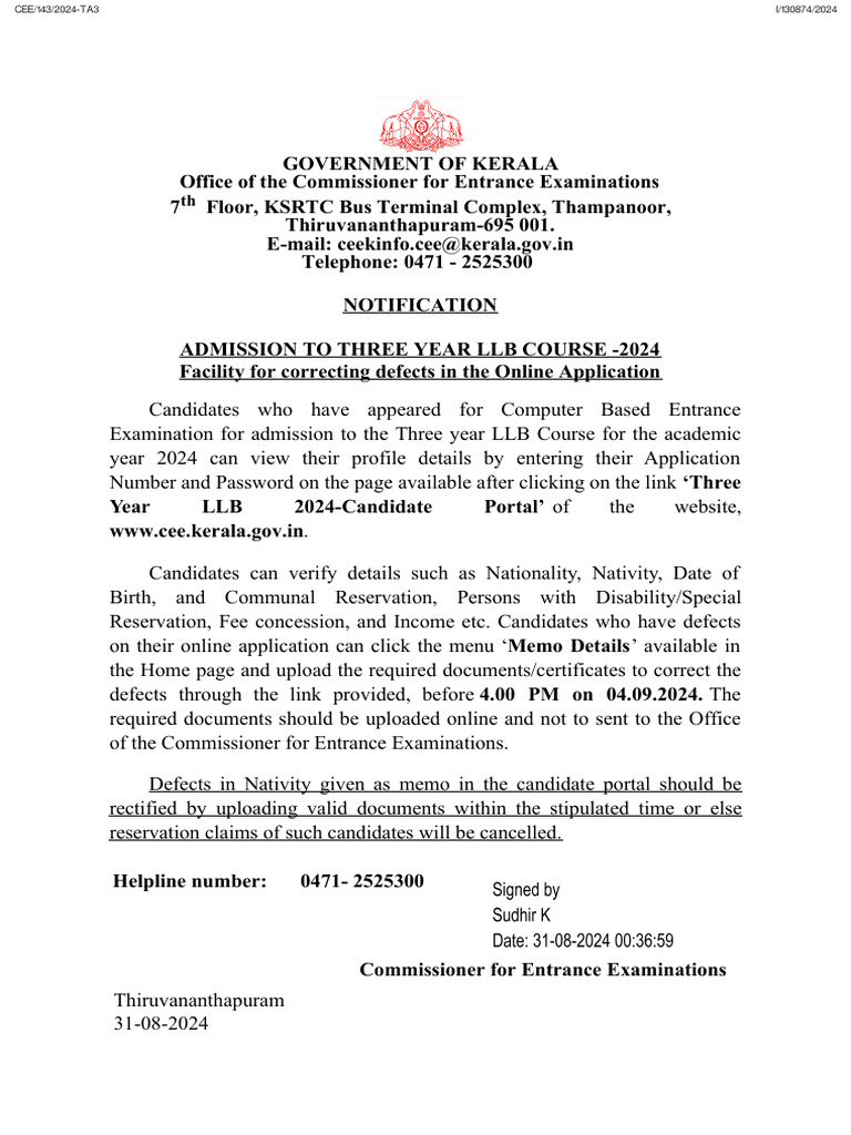 Kerala LLB Admission 2024: Application Corrections | PDF
