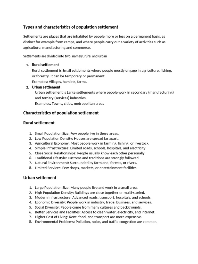 Types and Characteristics of Population Settlement | PDF