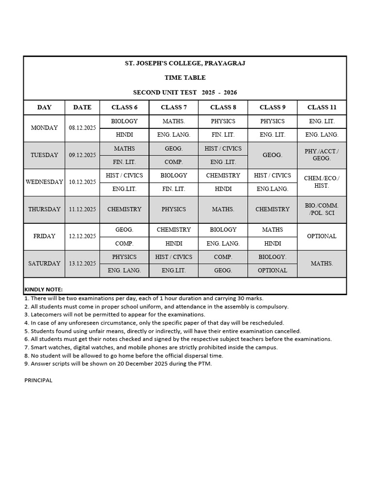Second Unit Test Time Table For Class 6-9 & 11 | PDF | Chess Openings ...