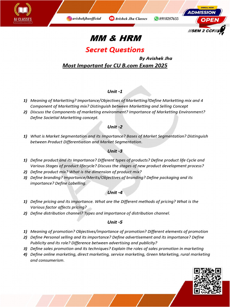 CU B.Com 2025 Marketing & HRM Guide | PDF | Marketing | Human Resource ...