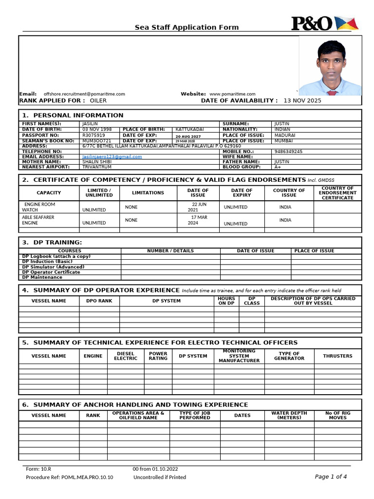 10.R Sea Staff Application Form P&O | PDF | Medicine | Health Sciences