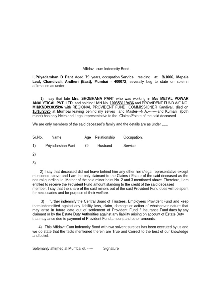 Affidavit Format | PDF | Indemnity | Surety