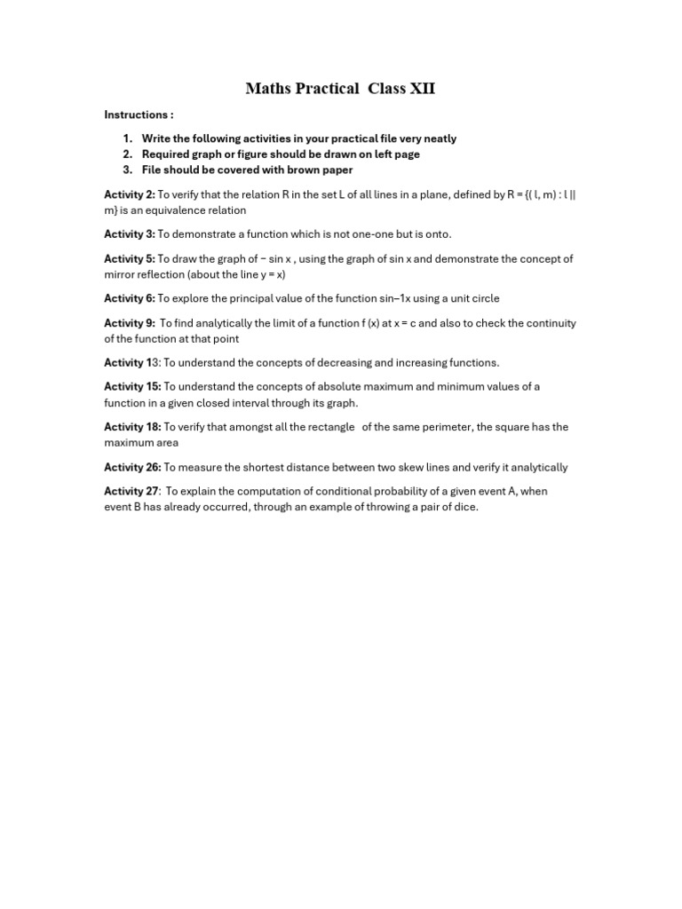 Class XII Maths Practical Activities Guide | PDF