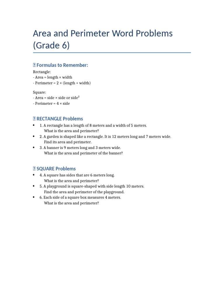 Area and Perimeter Problems Grade6 | PDF
