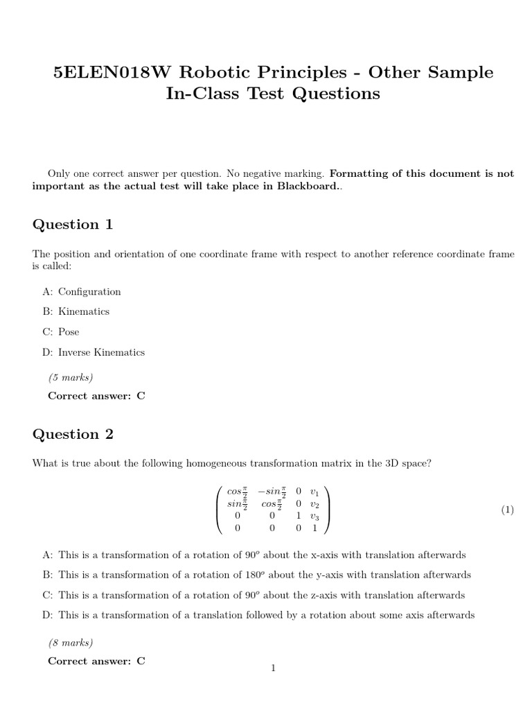 Robotic Principles Test Questions | PDF | Rotation | Matrix (Mathematics)