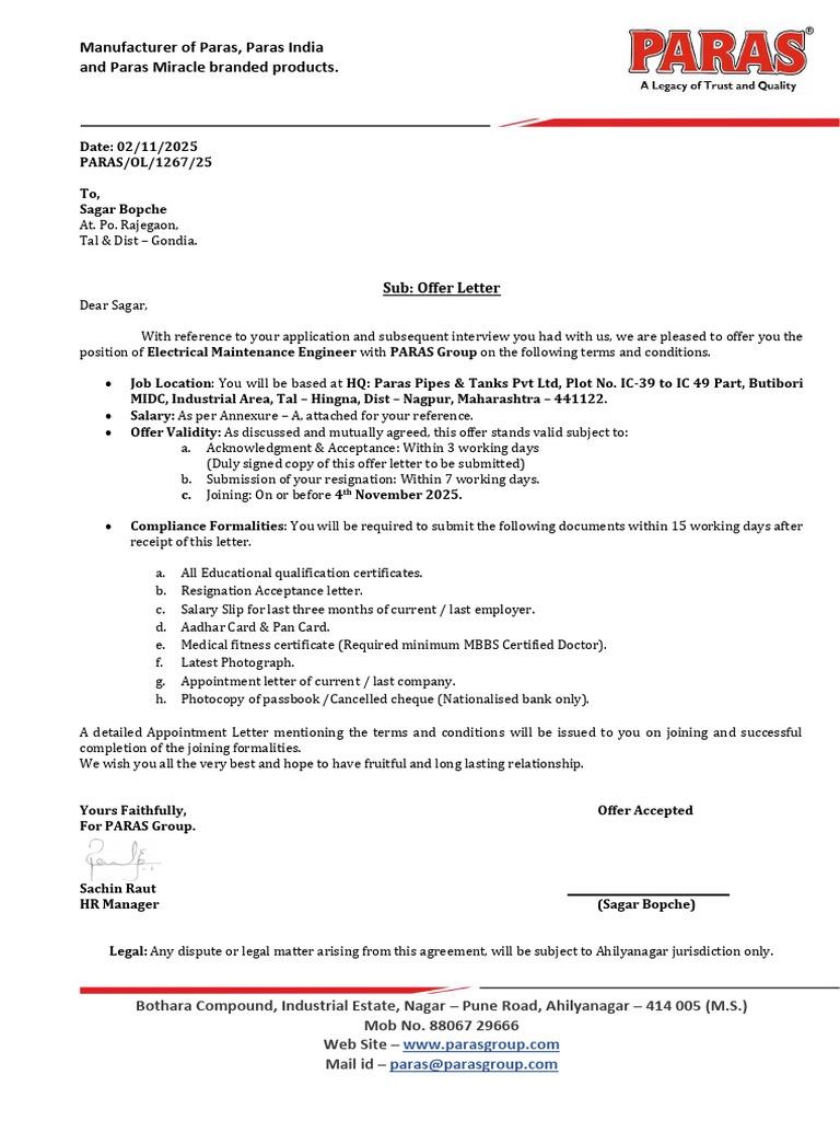 Sagar Bopche - PARAS Group - Offer Letter - 251102 - 173628 | PDF ...