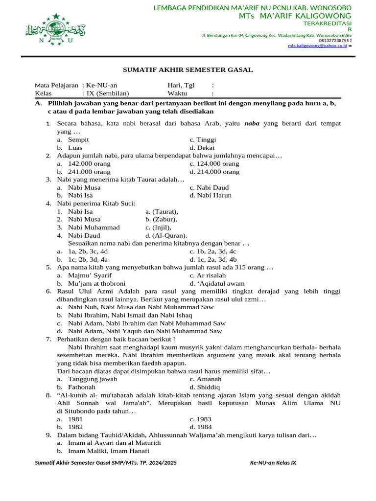 Soal Sas Kenuan Ix Ganjil Tp 24-25 Matsago (1) | PDF