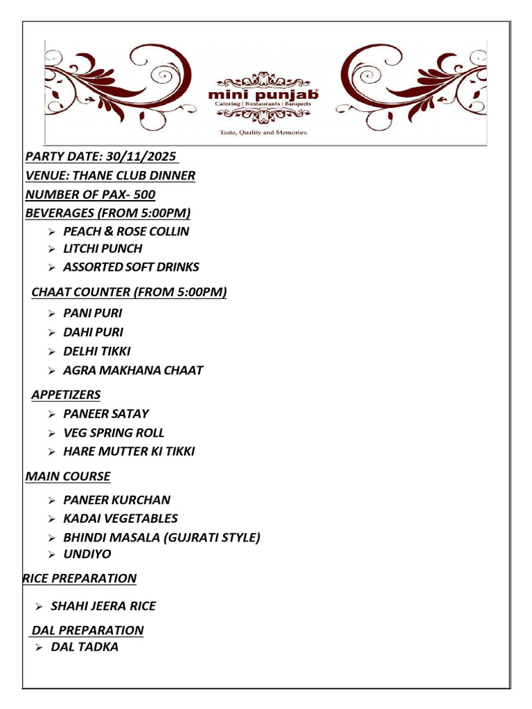 Menu Details 30th November Thane Club | PDF