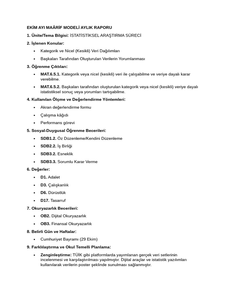 Eki̇m Ayi Maâri̇f Modeli̇ Aylik Raporu | PDF
