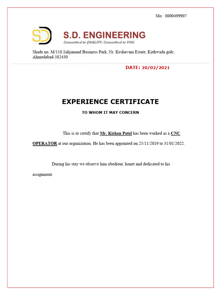 Kalu Experince Latter | PDF