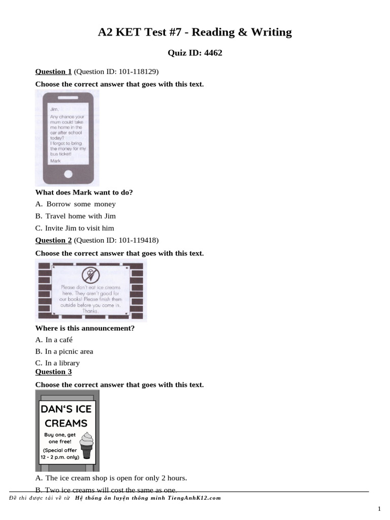 A2 KET Test #7: Reading & Writing Quiz | PDF