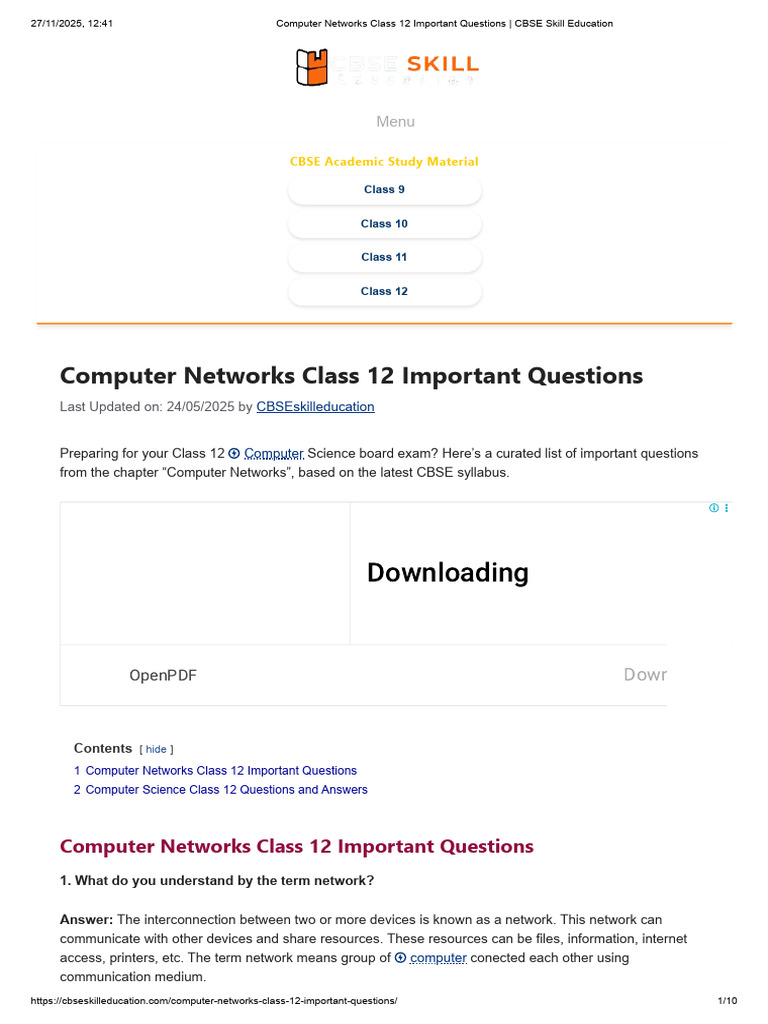 Computer Networks Class 12 Important Questions - CBSE Skill Education ...