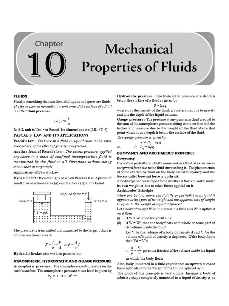 10. Mechanical Properties of Fluids | PDF | Buoyancy | Fluid Dynamics
