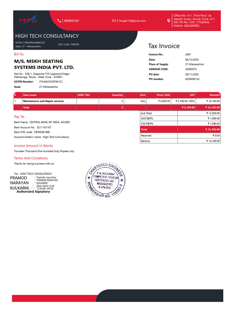 Mskh Seating Systems India Pvt. Ltd. Inv No. 2491 | PDF | Rupee | Payments