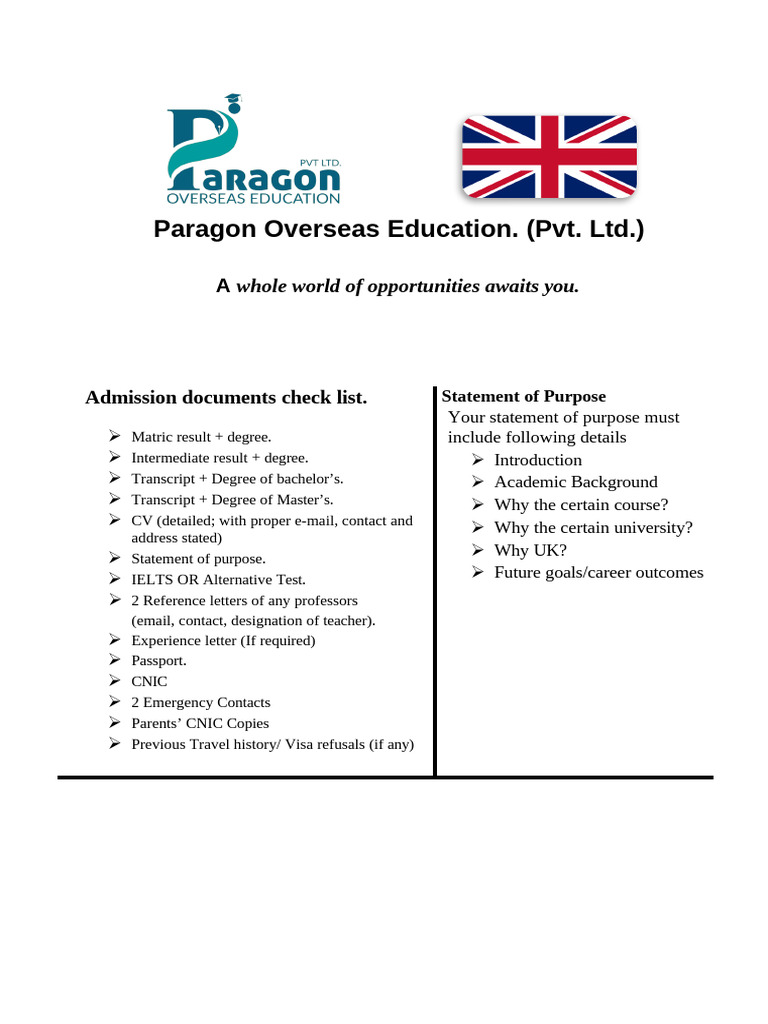 Paragon Overseas Education Check List Hafizabad | PDF