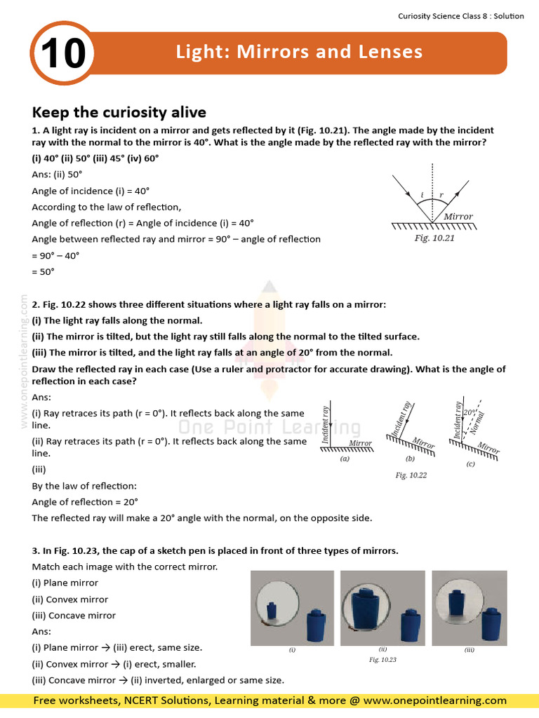 Class 8 Science Curiosity Chapter 10 Light Mirrors and Lenses Solution ...
