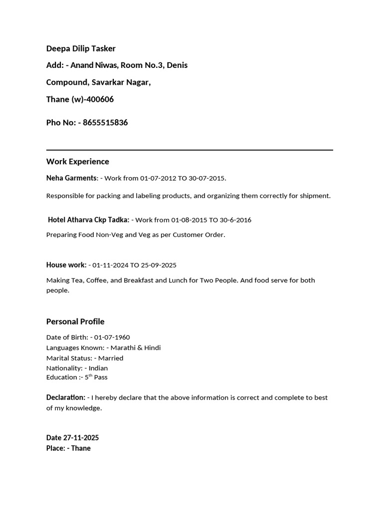 Deepa Dilip Tasker: Work Experience & Profile | PDF