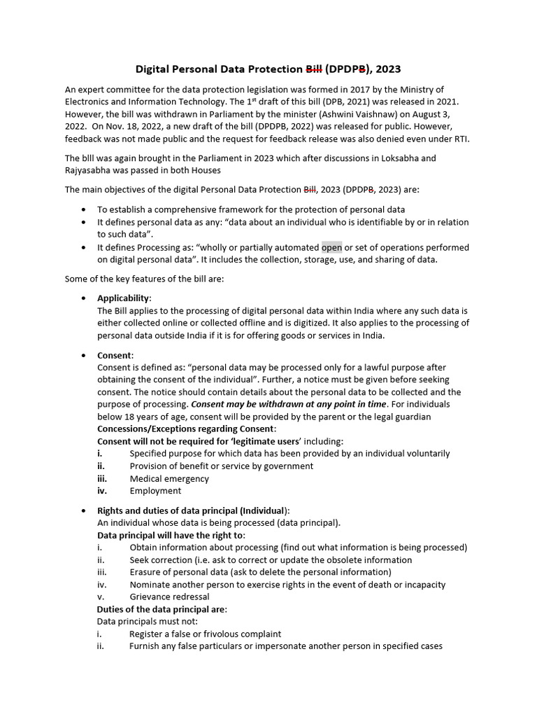 Digital Personal Data Protection Bill 2023 | PDF | Fiduciary | Consent