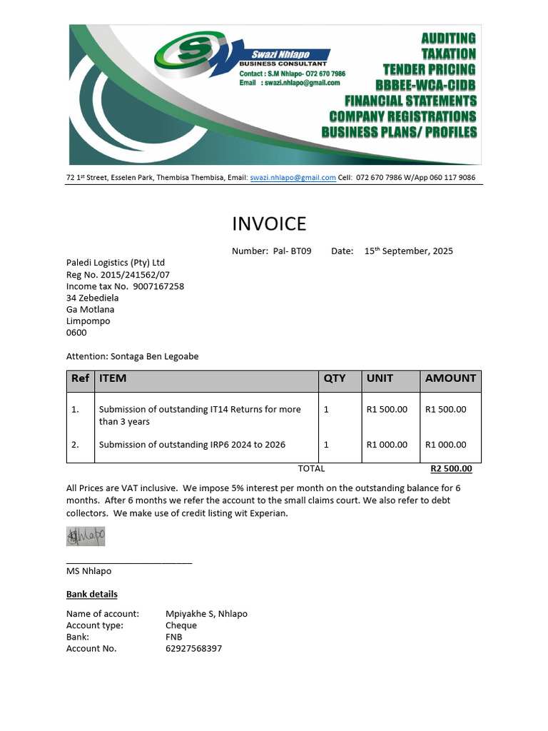 Invoice for IT14 and IRP6 Services | PDF