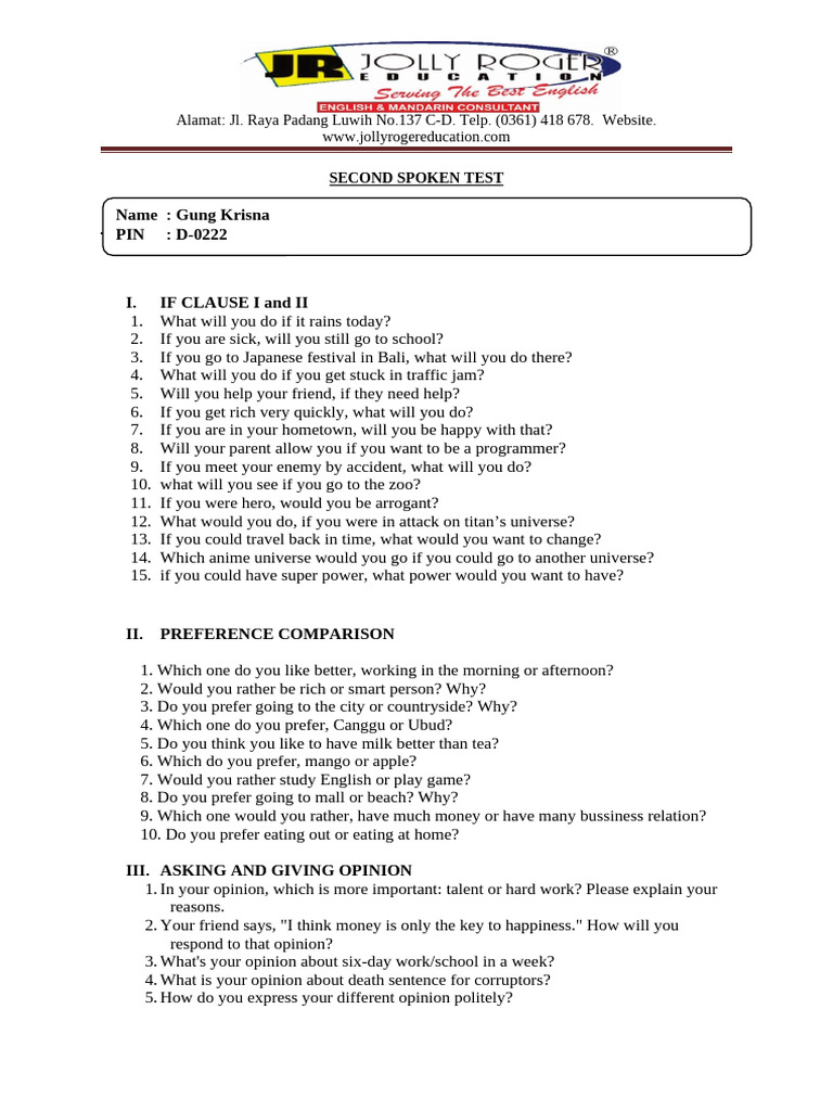 Spoken English Test Questions Guide | PDF
