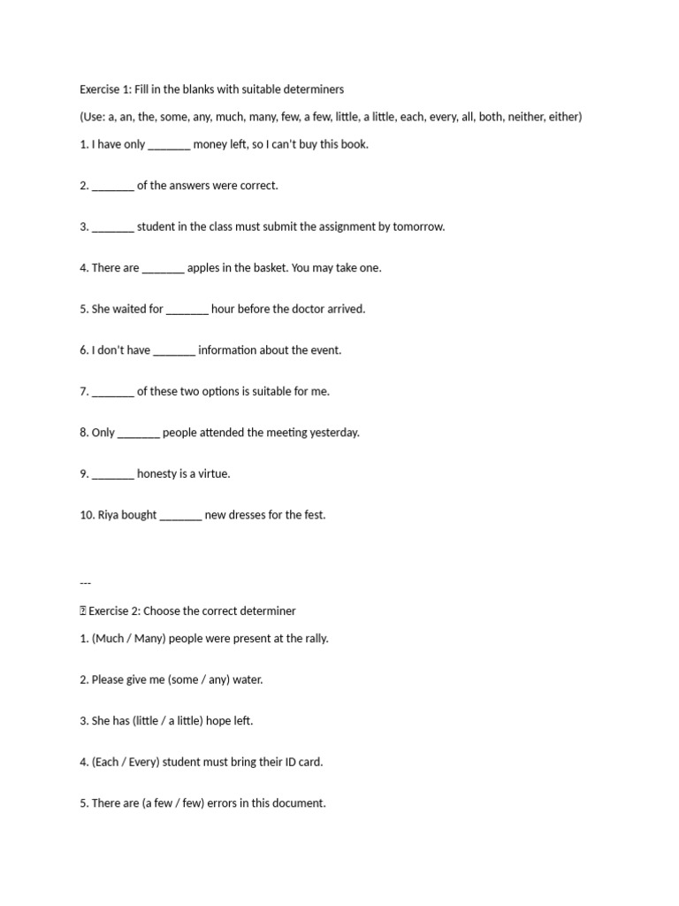 Exercise 1 Fill in The Blanks With Suitable Determiners | PDF