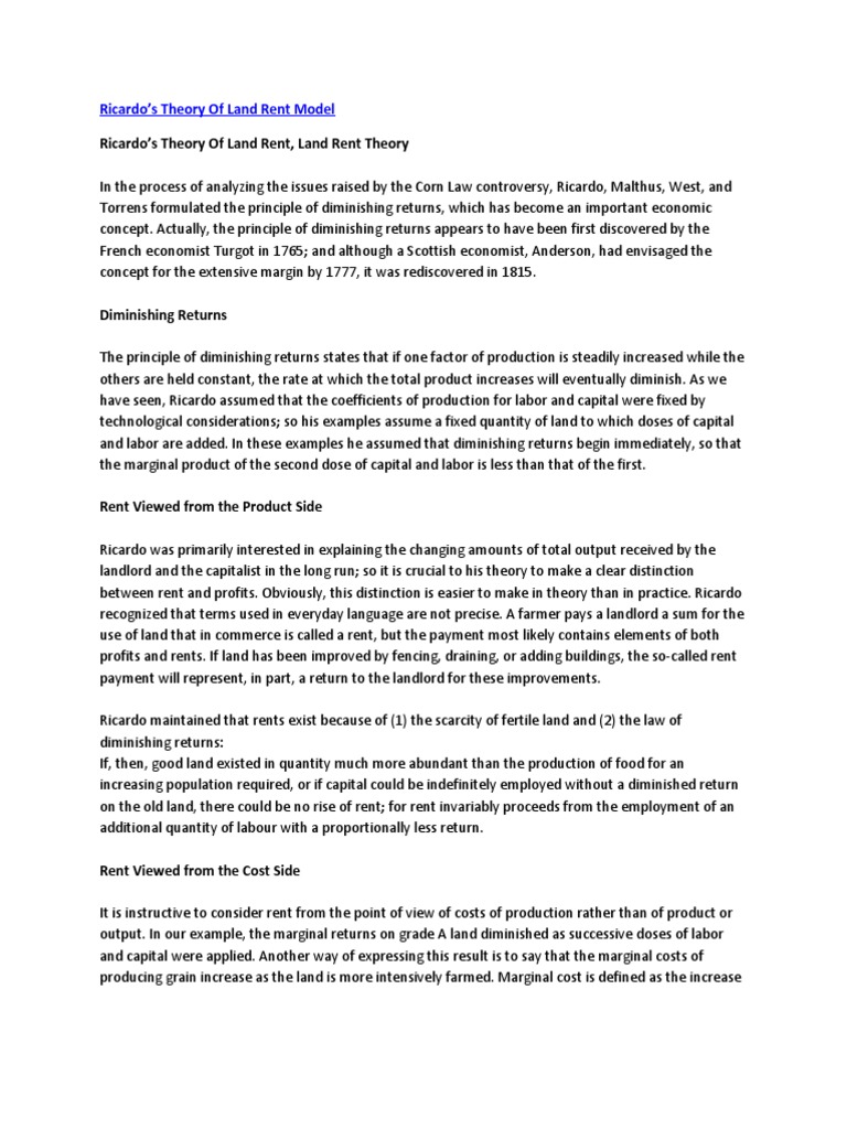 Ricardo Theory of Land Rent Model | PDF | Marginal Cost | Prices