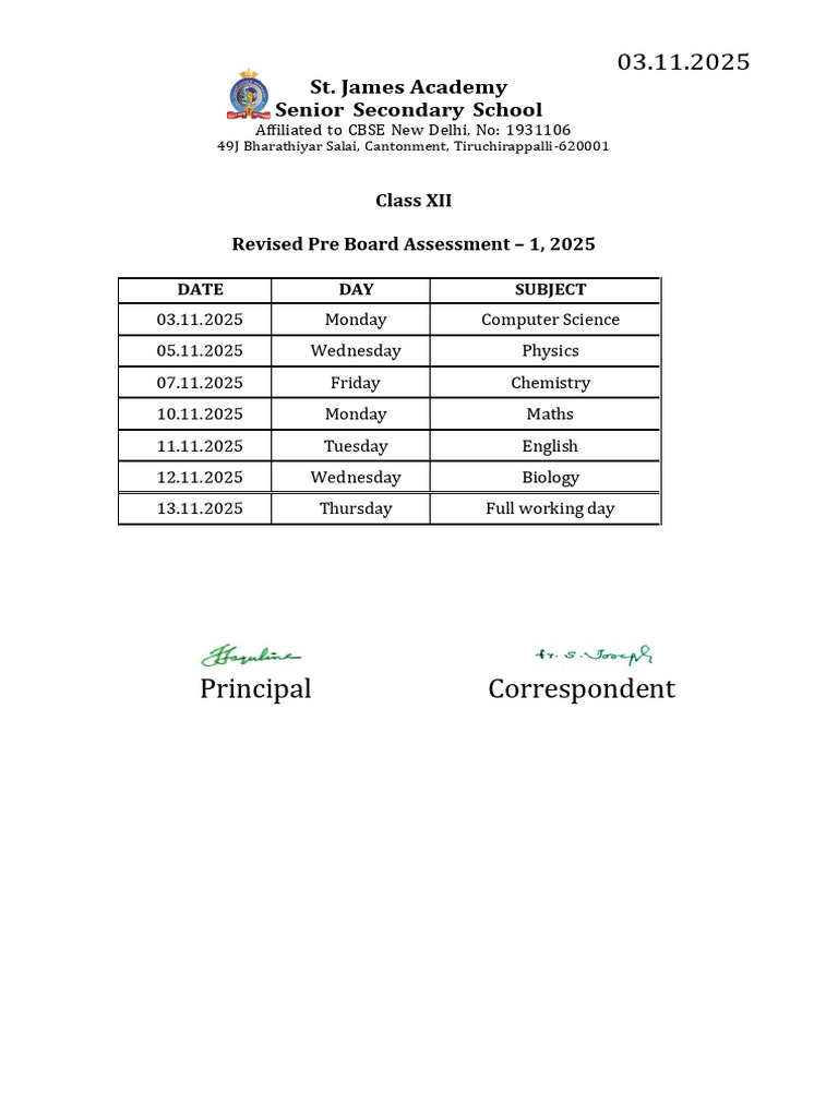 Class XII Pre Board Exam Schedule 2025 | PDF