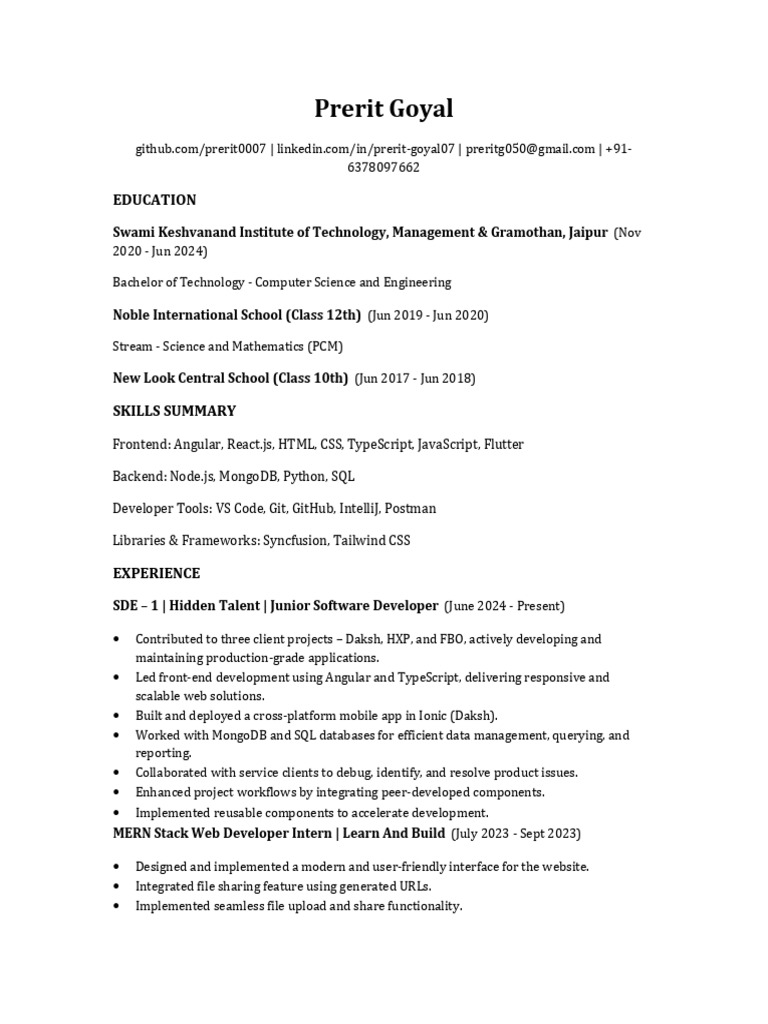Final UI Aligned CV Prerit Goyal | PDF | Databases | Sql