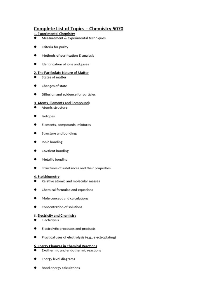 Complete List of Topics - Chemistry 5070 | PDF