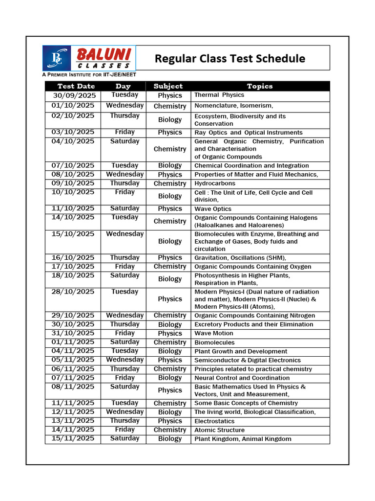Regular Class Test Schedule_Oct 2025_medical | PDF | Biology | Chemistry
