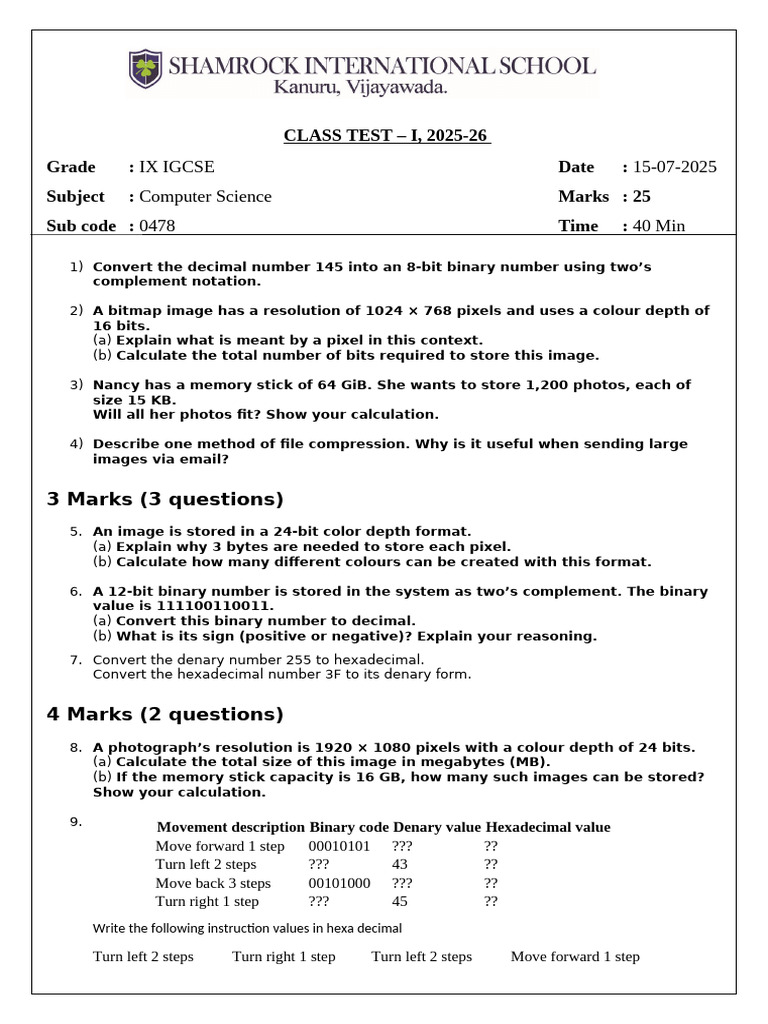 IGCSE Computer Science Class Test 2025 | PDF