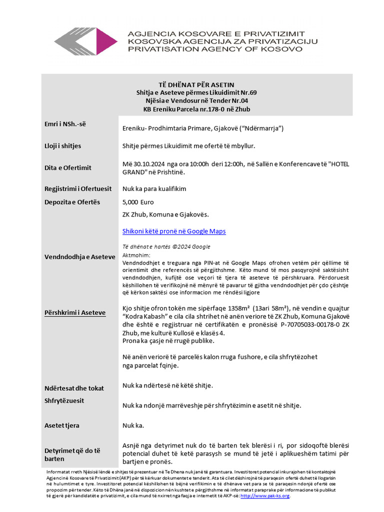 Të Dhënat Për Asetin: Prodhimtaria Primare, Gjakovë ("Ndërmarrja") | PDF