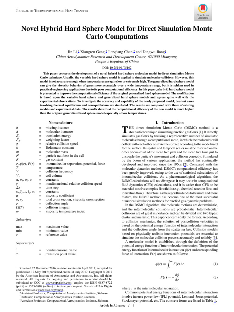 Novel Hybrid Hard Sphere Model For DSMC Computations | PDF | Gases ...