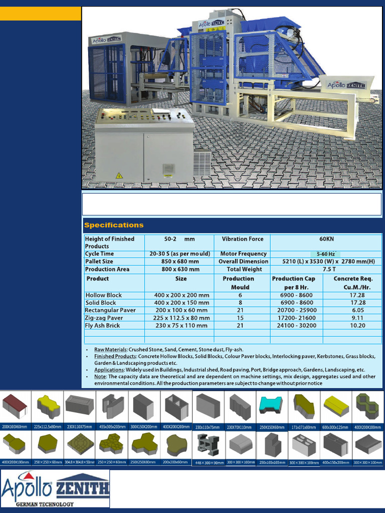 Apollo Zenith Block Machine Model ZN600RB Brochure | PDF