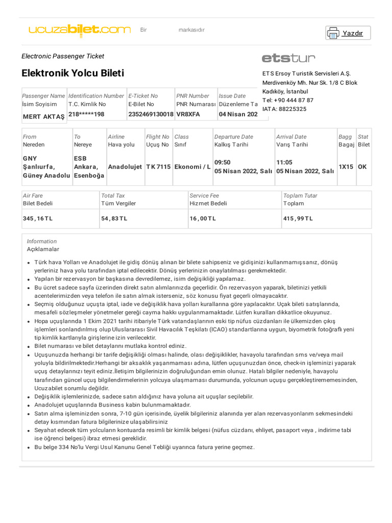 Urfa Bilet | PDF