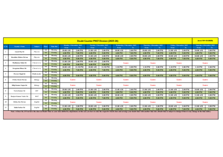 Doubt Counter Schedule 2025-26 | PDF