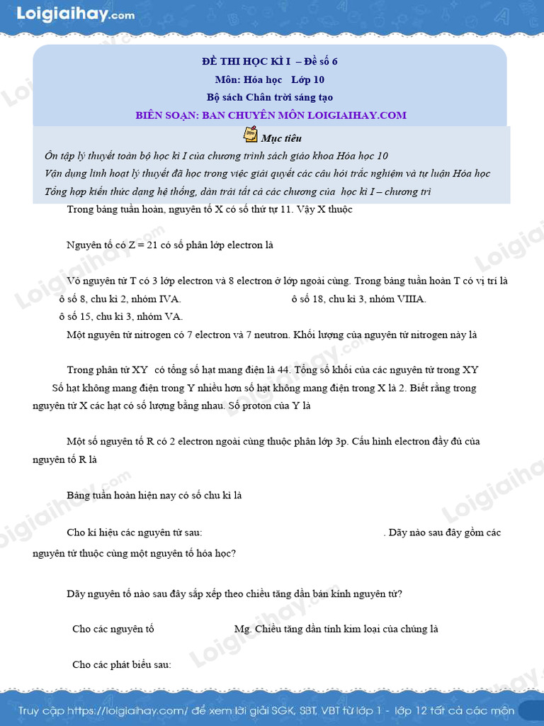 De Thi Hoc Ki 1 Hoa 10 Chan Troi Sang Tao de So 6 1702105649 | PDF