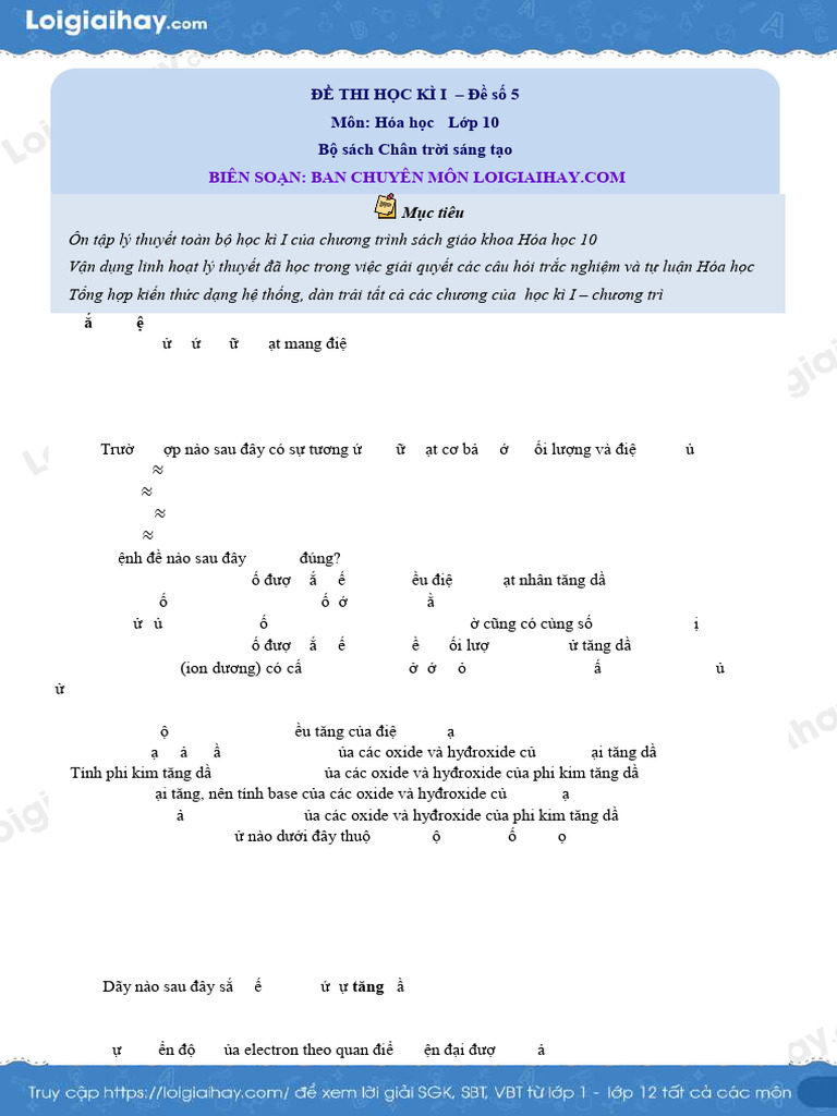 De Thi Hoc Ki 1 Hoa 10 Chan Troi Sang Tao de So 5 1700810212 | PDF