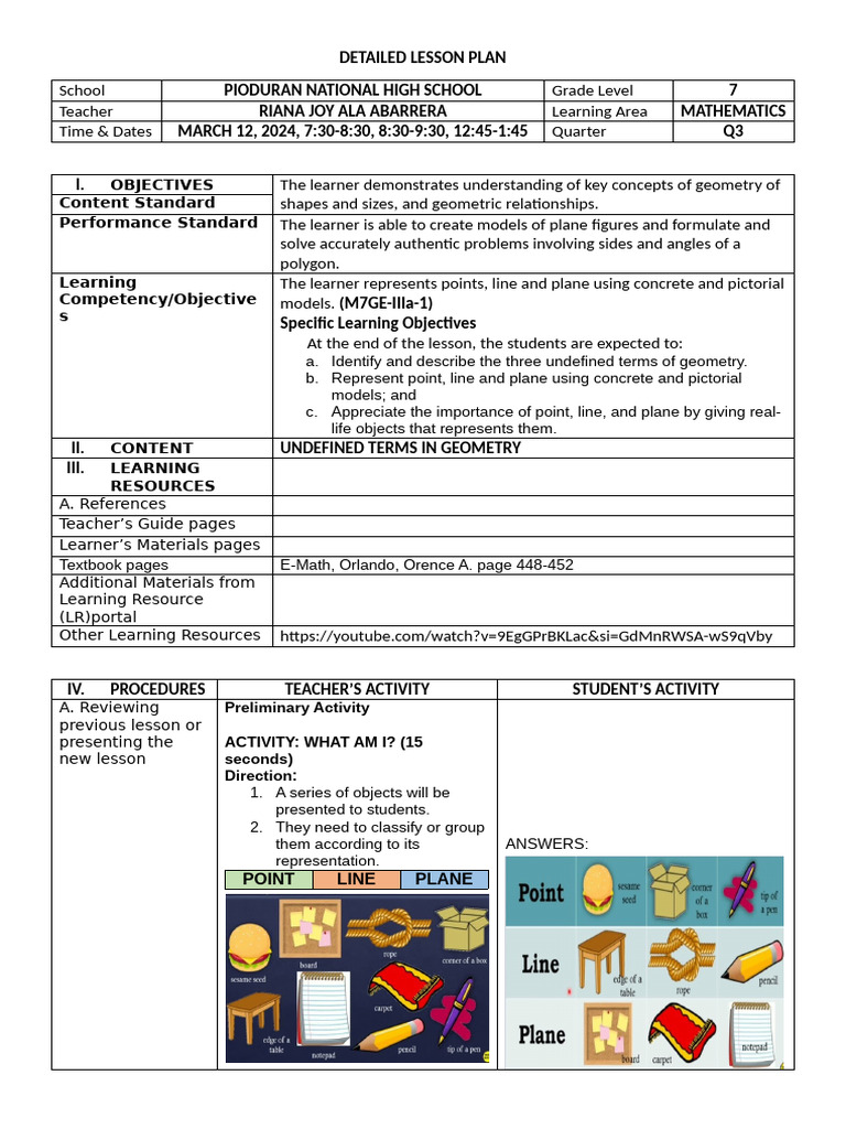 LESSON PLAN Representing Points Line and Plane | PDF | Geometry | Line ...