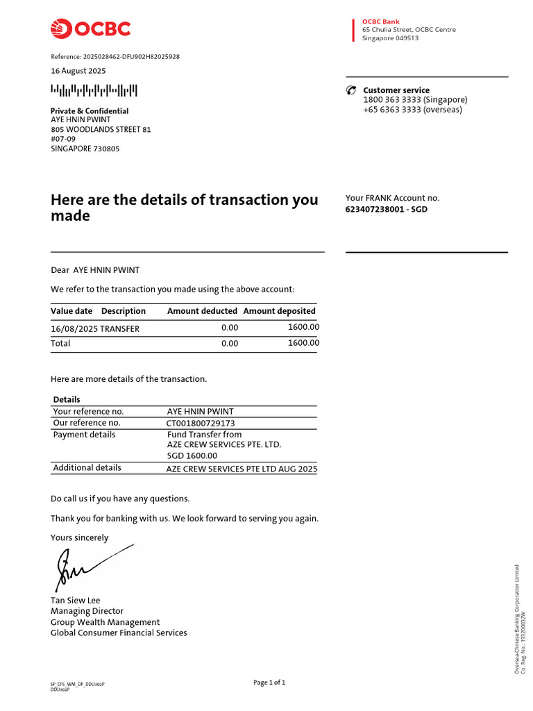 OCBC Bank Transaction Details for AYE HNIN PWINT | PDF