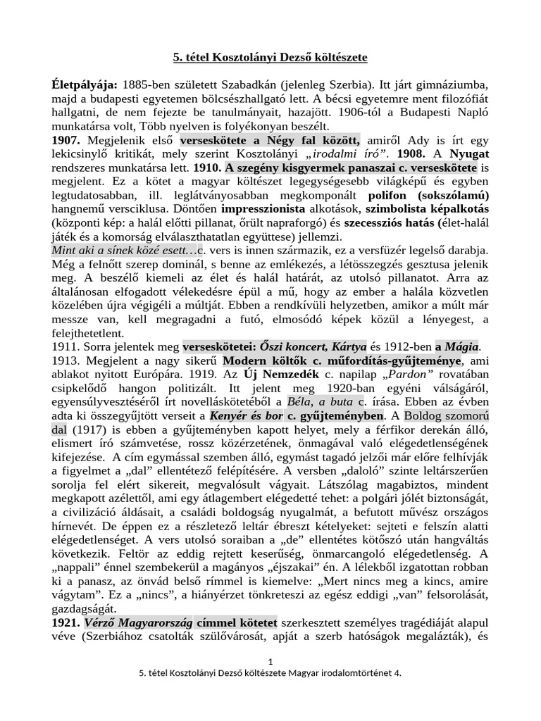 Tétel Kosztolányi Dezső Költészete | PDF