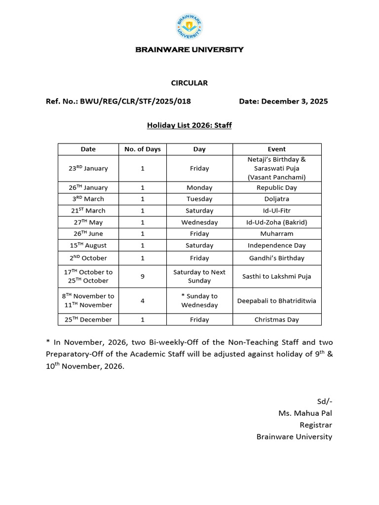 2026 Staff Holiday List - Brainware University | PDF