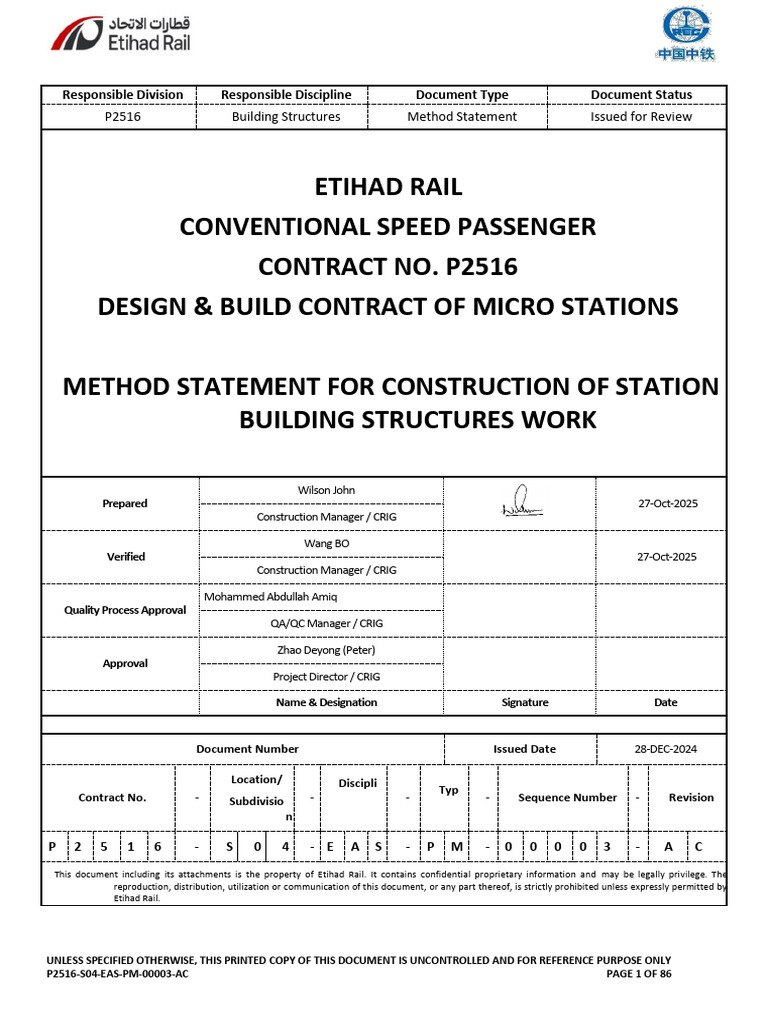 Method Statement For Construction of Station Building Structures Work | PDF