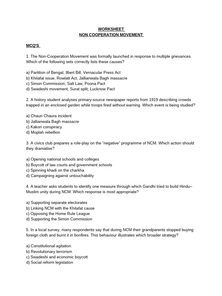 Non-Cooperation Movement MCQs and Insights | PDF | Social Movements ...