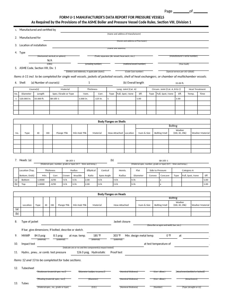ASME Form U-1 Pressure Vessel Report | PDF | Pipe (Fluid Conveyance ...