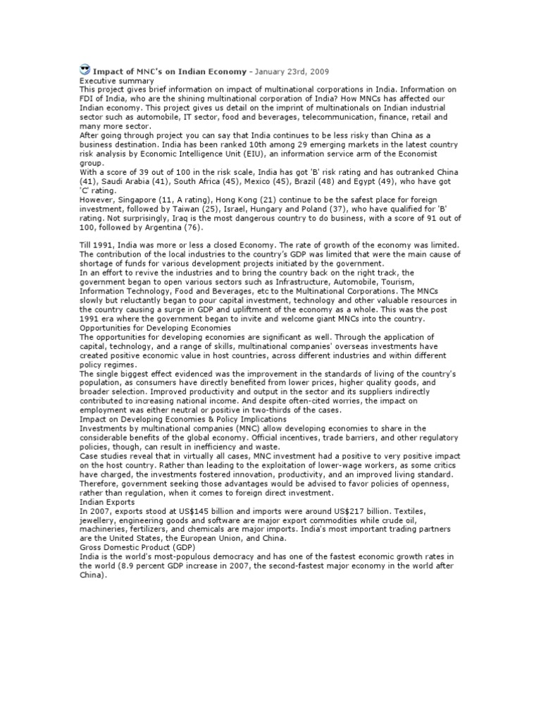 Impact of MNC On Indian Eco | PDF