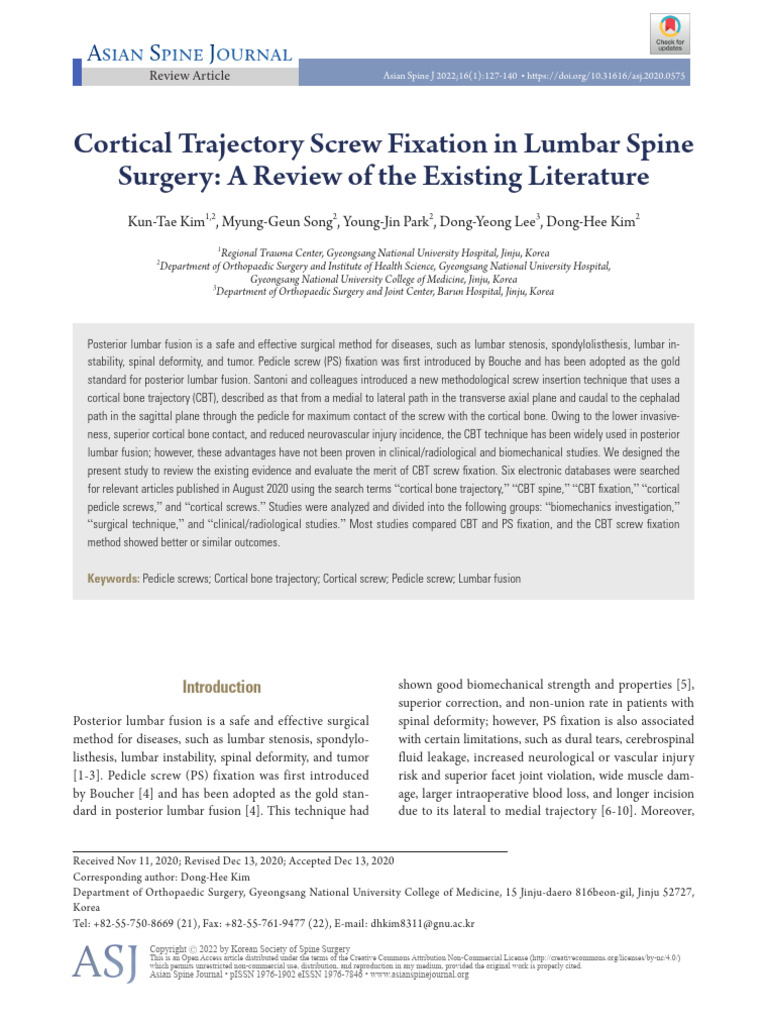 Cortical Trajectory Screw in Lumbar Surgery | PDF | Vertebra | Skeletal ...