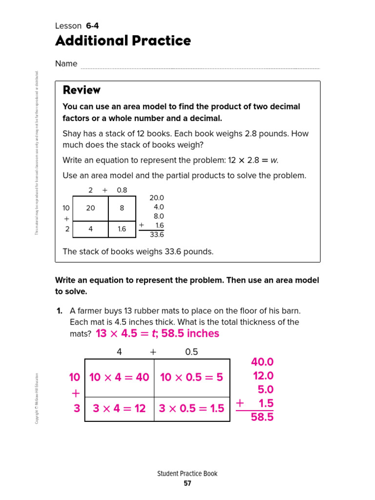 Additional Practice Book Answers - Use An Area Model To Multiply ...