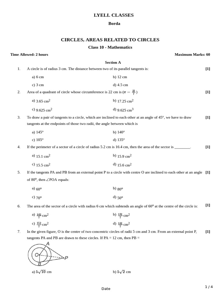 25 Oct Test - Circles, Area Related To Circles - 10B | PDF | Circle | Area