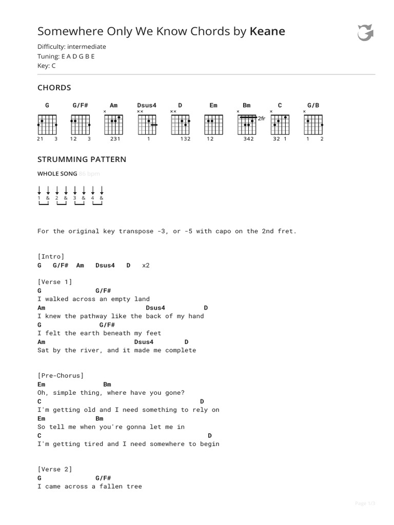 Keane Somewhere Only We Know Chords | PDF | Song Structure | Guitar ...